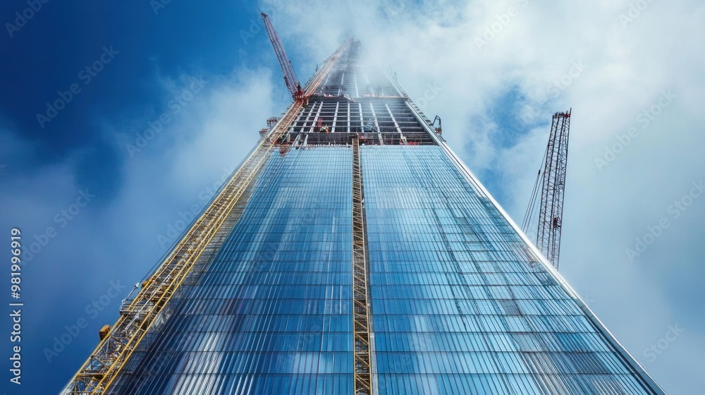 A towering skyscraper under construction, with cranes lifting steel ...