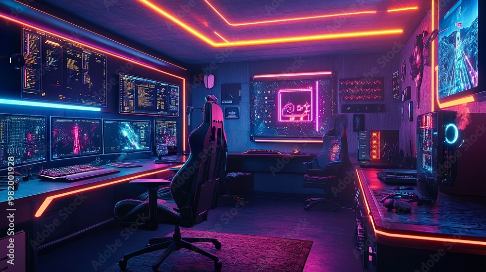 Neon accented gaming room with advanced chairs and LED monitors ...