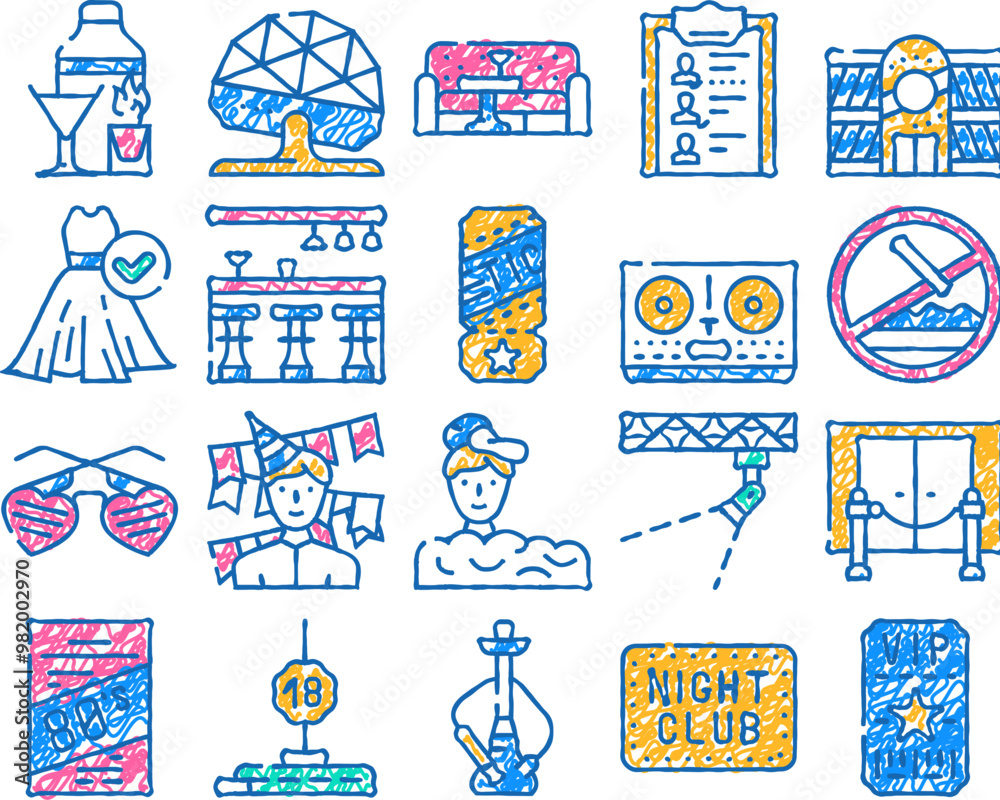 night club dance party doodle icons set vector. sketch line art night ...