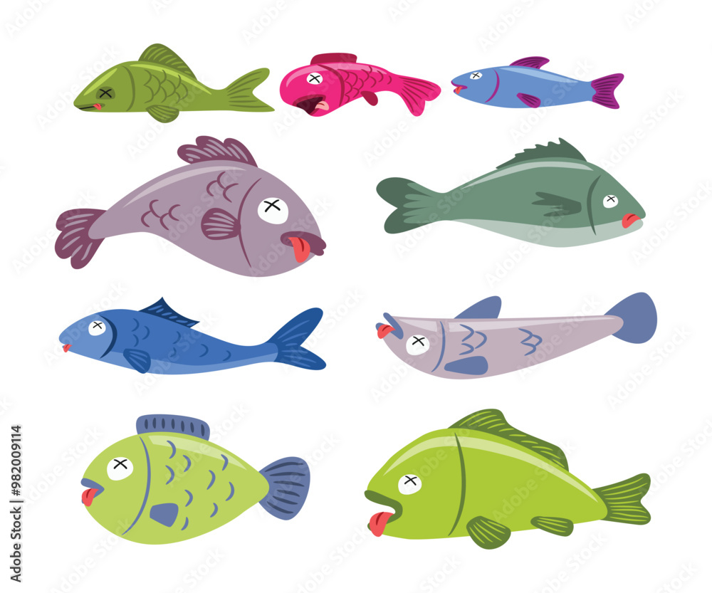 Set of dead fish collection, dying fish cartoon, Corpse of underwater ...