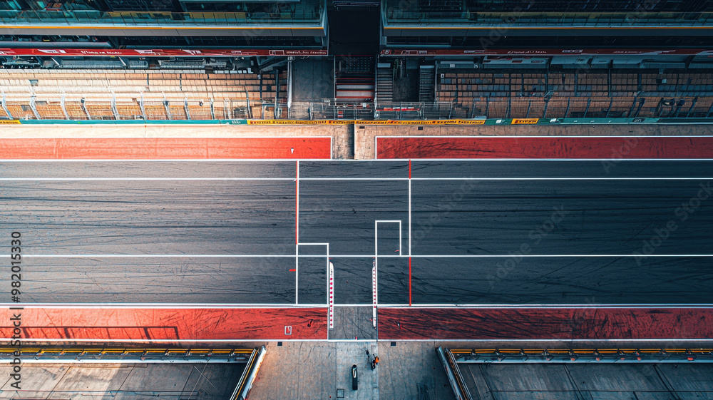 An overhead shot of starting grid of an empty Formula 1 track ...
