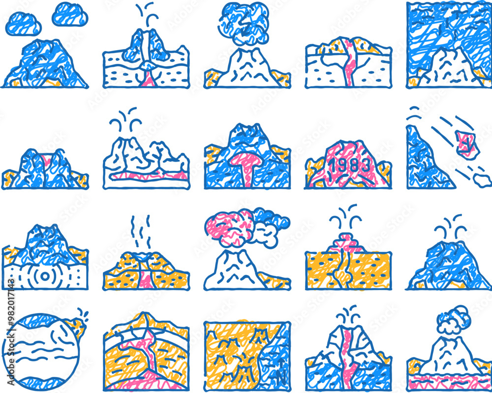 volcano lava eruption doodle icons set vector. sketch line art volcano ...