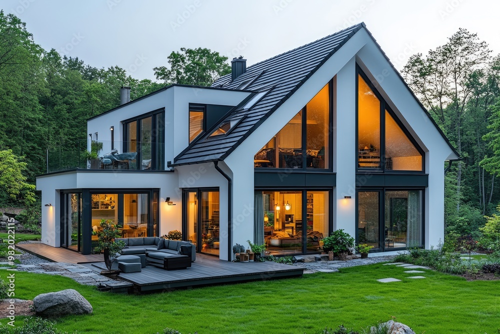 ภาพประกอบสต็อก Side view of a modern house with beautiful interior ...