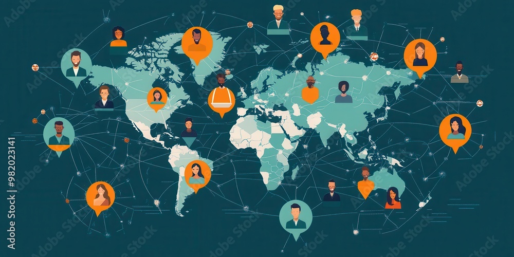 Global network illustration with diverse people connected over a world ...