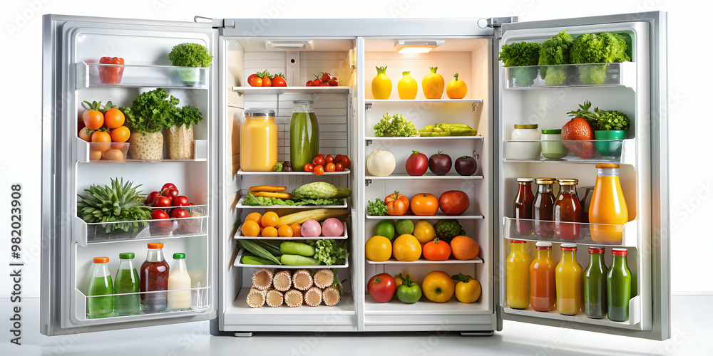 Front view of a fully-stocked two door fridge with fresh fruits ...