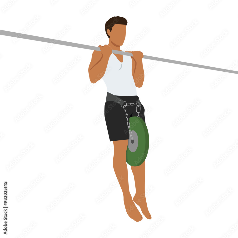 Young man doing calisthenics weighted chin up exercise. Flat vector ...