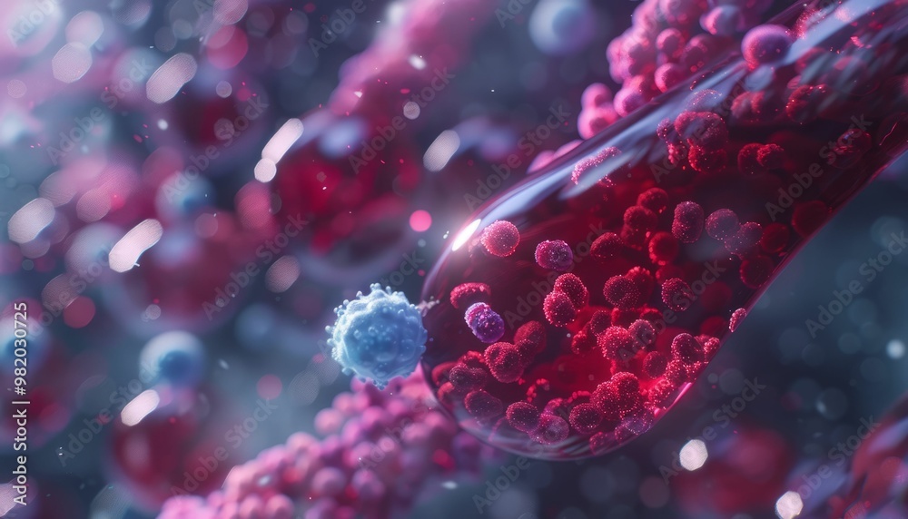 Microscopic view of a pill dissolving in a fluid with red and white ...