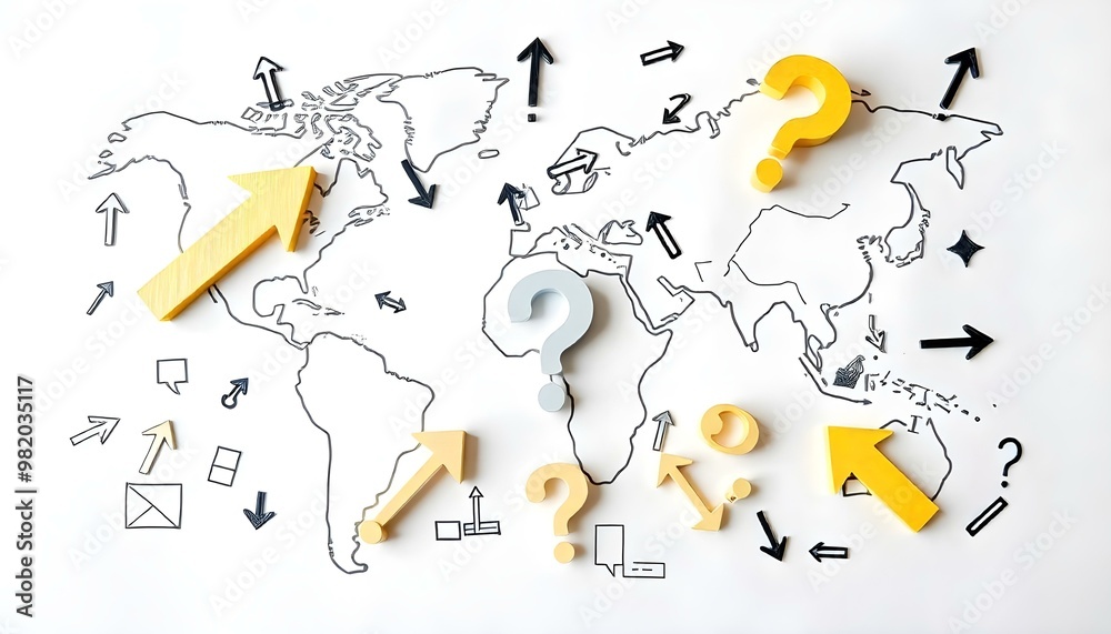 Map with question marks and arrows representing choices and unclear ...