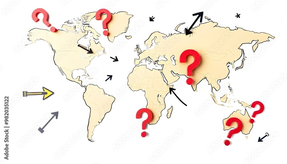 Map with question marks and arrows representing choices and unclear ...