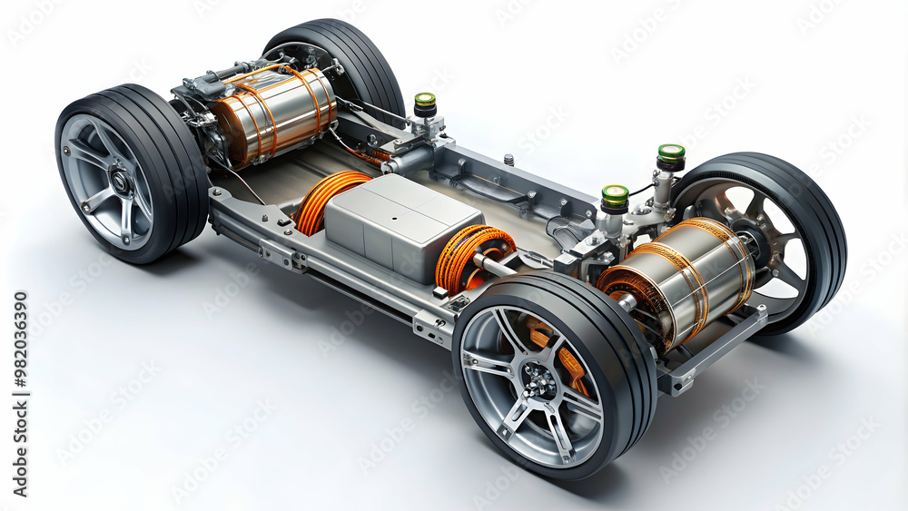 Exploded view of an electric vehicle motor mounted on a chassis ...