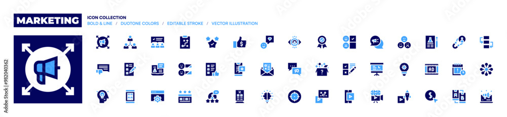 Marketing icon collection. Bold style. Duotone colors. viral marketing ...