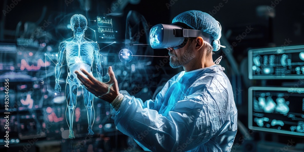 A surgeon wearing a VR headset, operating on a virtual model of a human ...