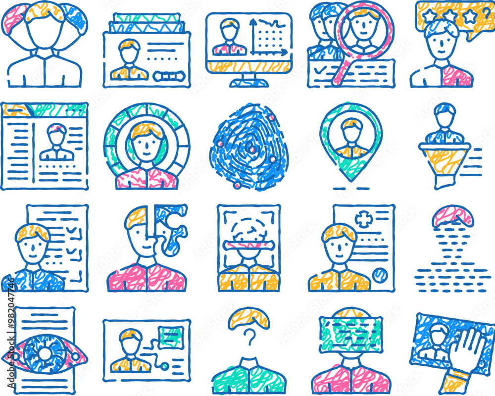 kyc know your customer doodle icons set vector. sketch line art client ...