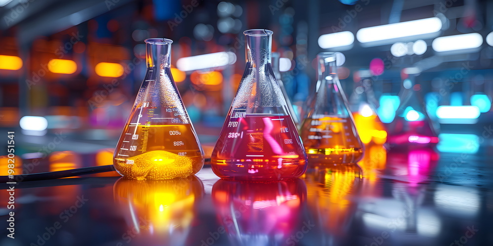 Close-up of glass beakers filled with colorful chemical solutions on a ...