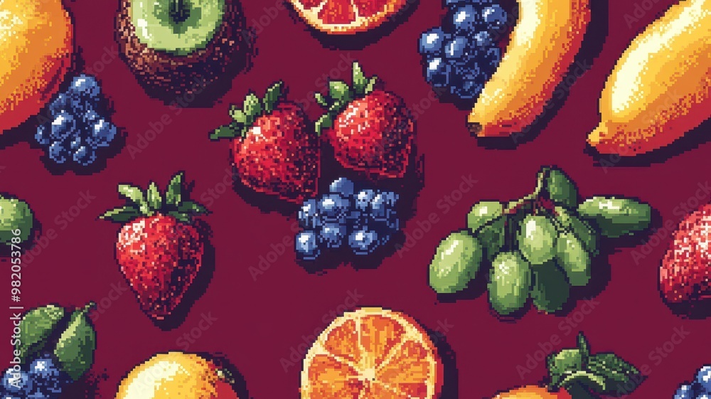 Pixel fruit icon set for games or mobile apps on color background ...