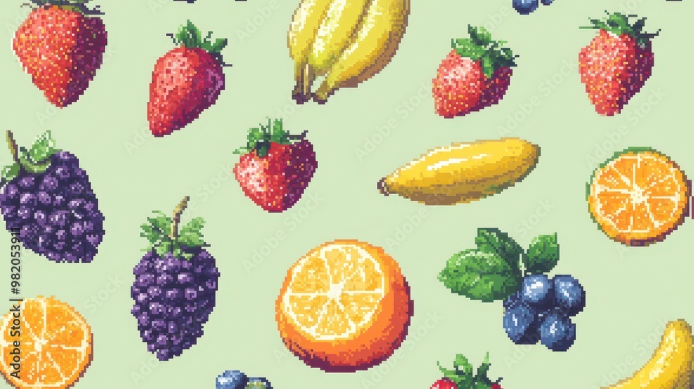 Pixel fruit icon set for games or mobile apps on color background ...