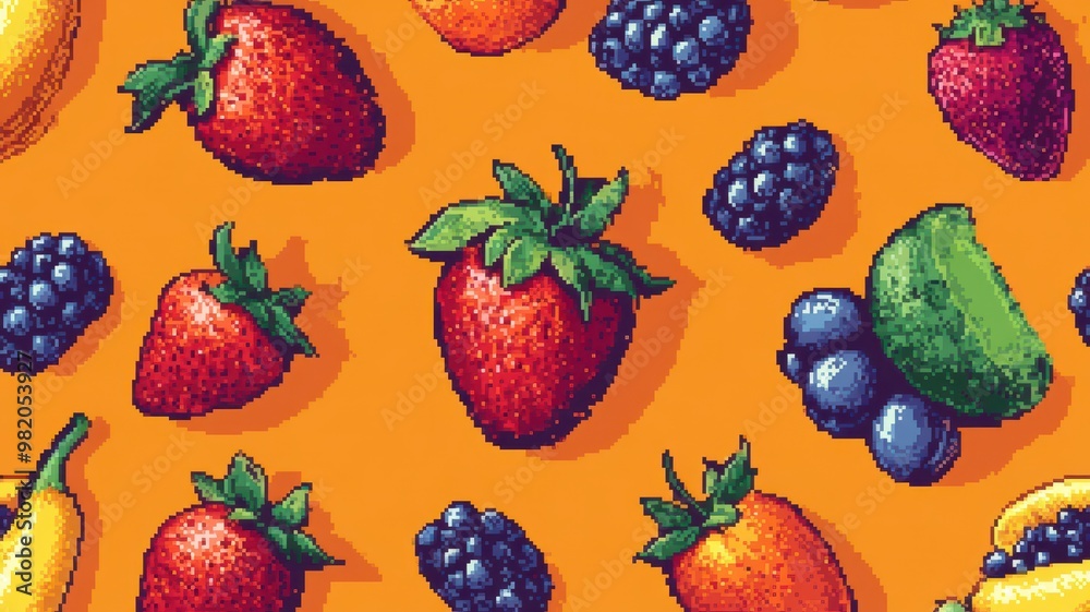 Pixel fruit icon set for games or mobile apps on color background ...