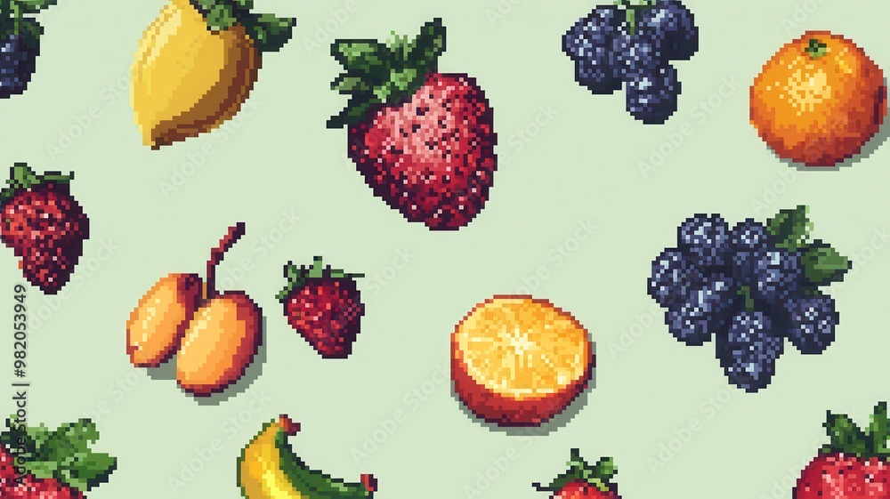 Pixel fruit icon set for games or mobile apps on color background ...