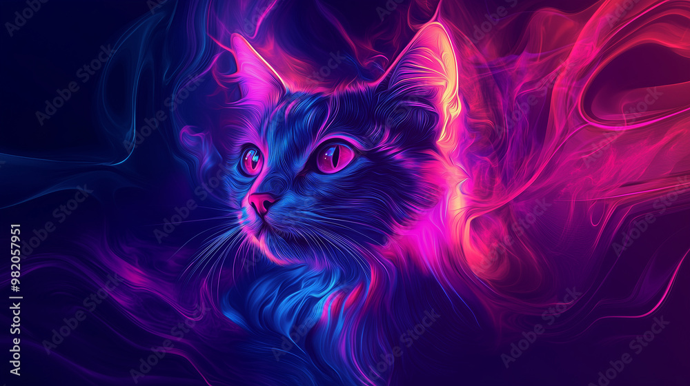 Illustration of a cat, UV-reactive paint effect, Vibrant neon colors ...
