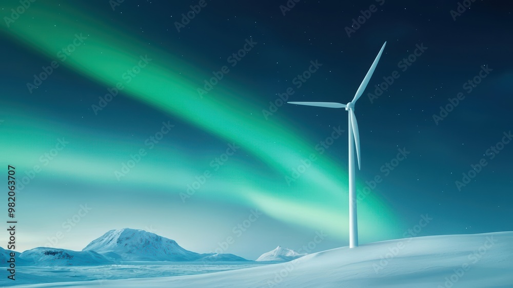 Wind turbine on a vast ice sheet under the northern lights, a striking ...
