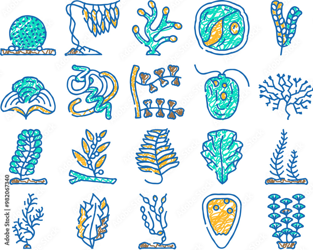 seaweed sea underwater plant doodle icons set vector. sketch line art ...