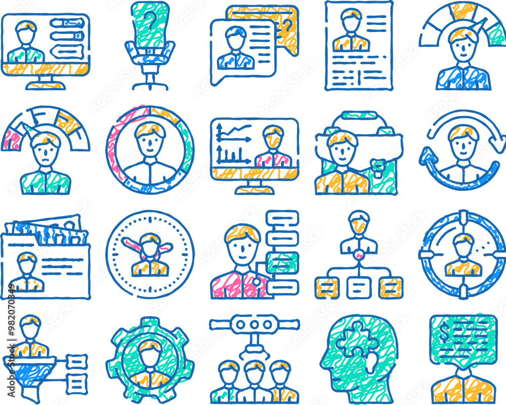 human resources hr department doodle icons set vector. sketch line art ...