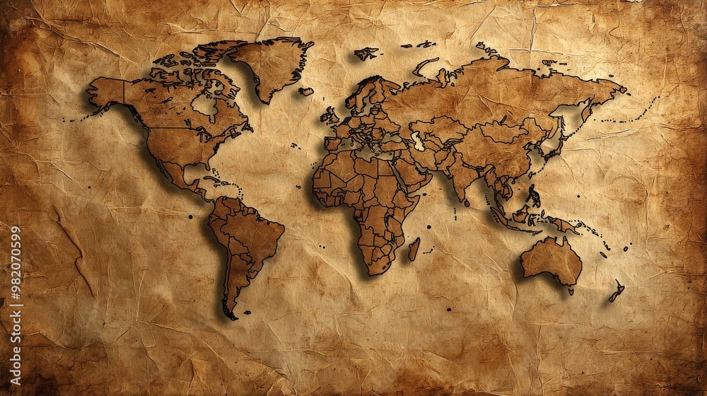 Old World Map on Textured Parchment Background Depicting Geographical ...