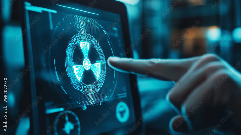 A man interacting with a touchscreen displaying a radioactive label ...