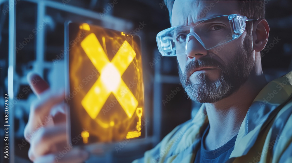 A man interacting with a touchscreen displaying a radioactive label ...