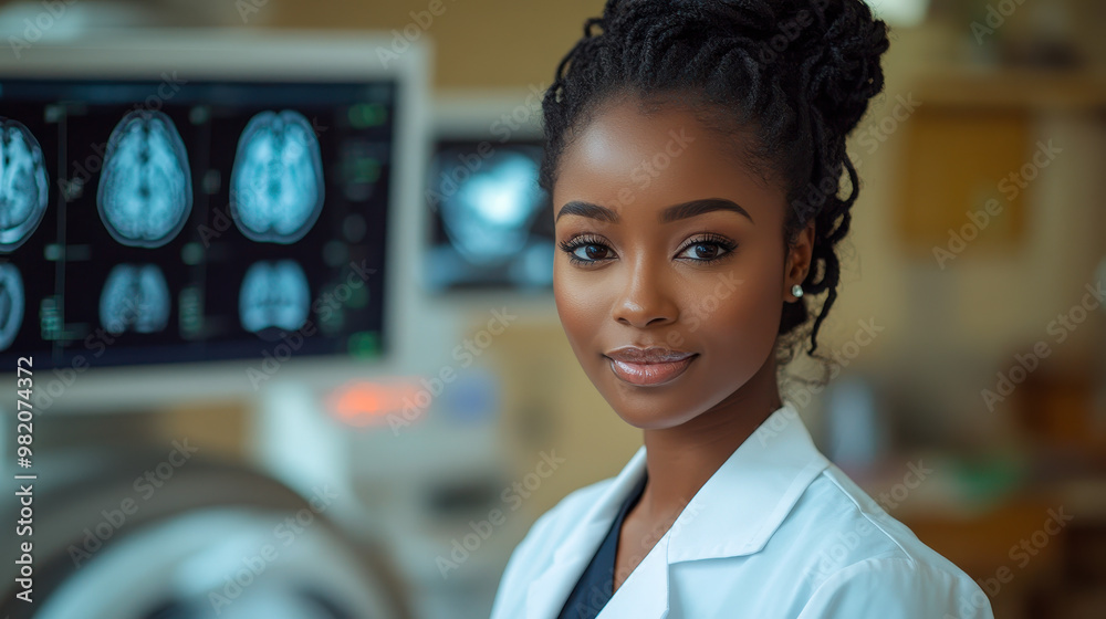 Confident African American Woman Neurologist in White Lab Coat with ...