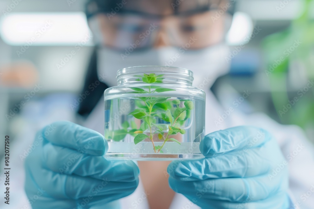 Asian scientist examining plant tissue culture in a biotech lab ...