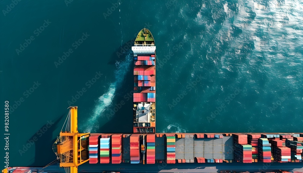 Aerial perspective of container ship operations, loading and unloading ...