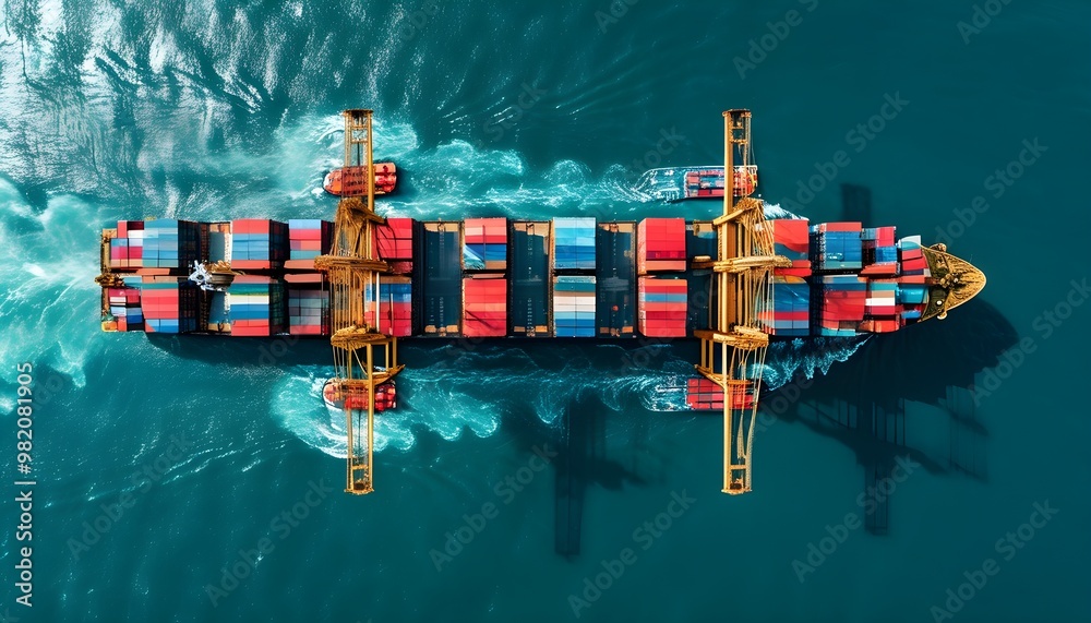 Aerial perspective of container ship operations, loading and unloading ...