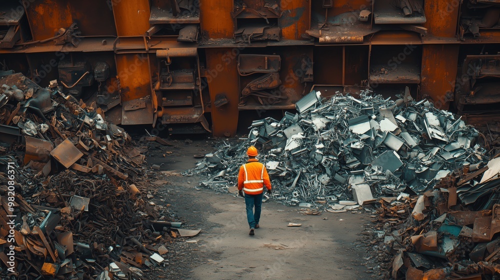 Industrial Worker Walking Amidst Metal Scrap. Worker in a reflective ...