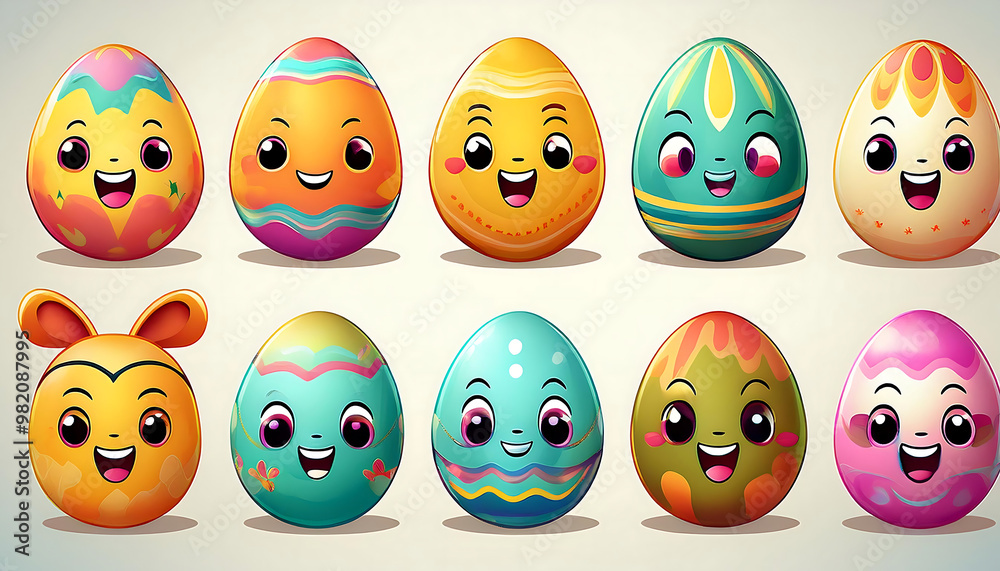 A cheerful set of six Easter-themed egg-shaped emojis, each expressing ...