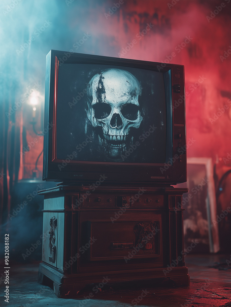 Old TV displaying a scull, VHS retro style, 80´s horror movie, ai ...