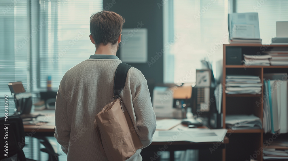 man, with his empty purse, stands in front of an office desk cluttered ...