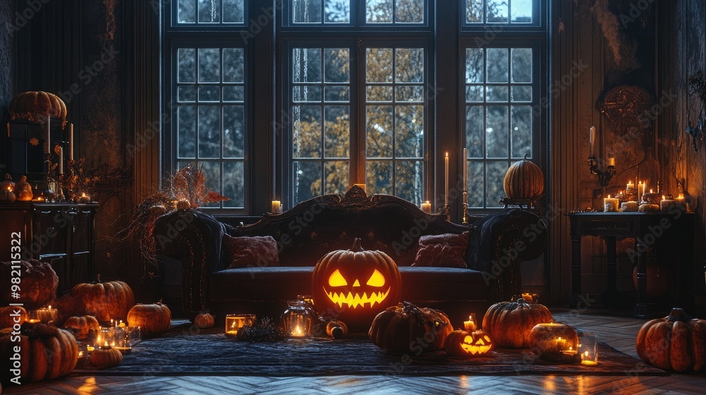 Elegant yet spooky living room interior with carved pumpkins and ...