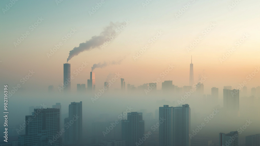 Polluted air over a major city, with smog and haze obscuring the ...