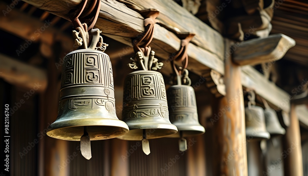 Intricate engraved brass bell hanging from wooden structure ...