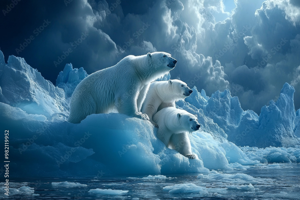 A dramatic scene of melting glaciers with polar bears struggling to ...