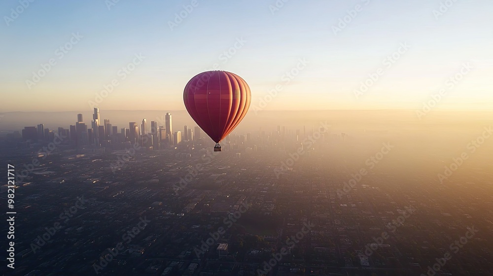 Hot air balloon flying high above a cityscape, with the urban skyline ...