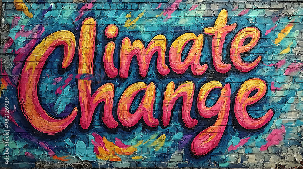 Colorful graffiti mural depicting climate change awareness Stock ...