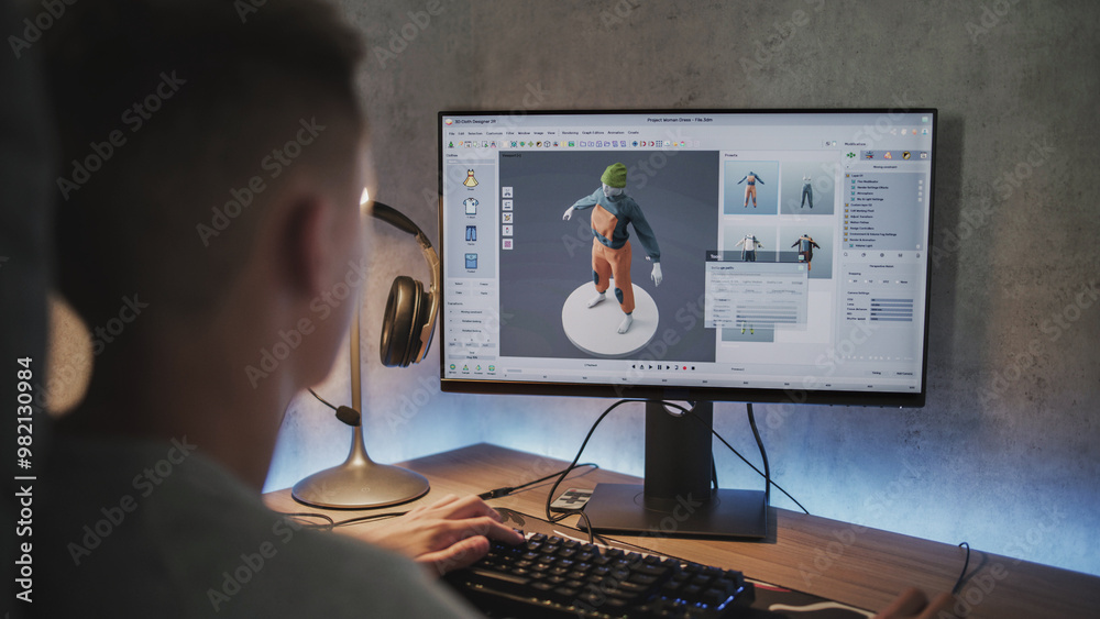 Young designer creates and draws clothes using PC. Interface of ...