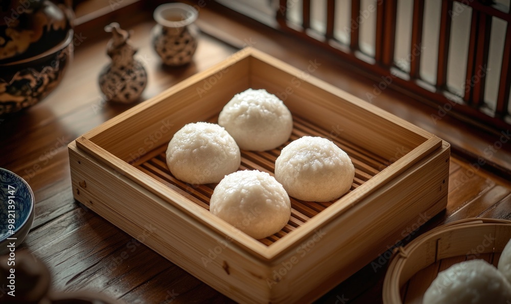 A tray of freshly steamed rice buns, placed on a wooden table with ...
