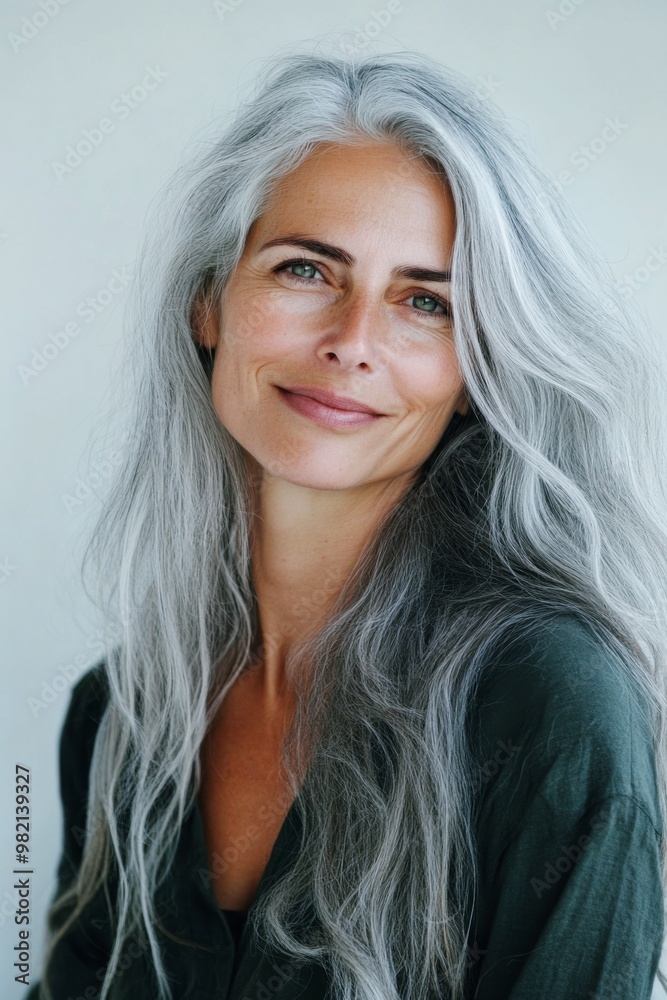 beautiful mature woman with long gray hair, smiling confidently ...