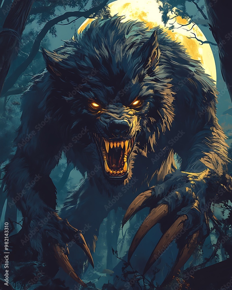 Twisted Werewolf: A terrifying werewolf with exaggerated, cartoonish ...
