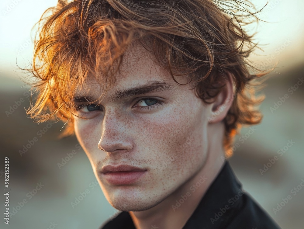 Handsome Redheaded Man with Wind Swept Hair in Outdoor Natural Lighting ...