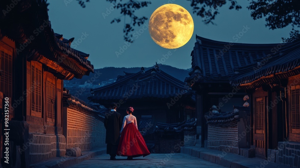 Sweet Couple korean wearing in hanbok kissing and walking in old palace ...