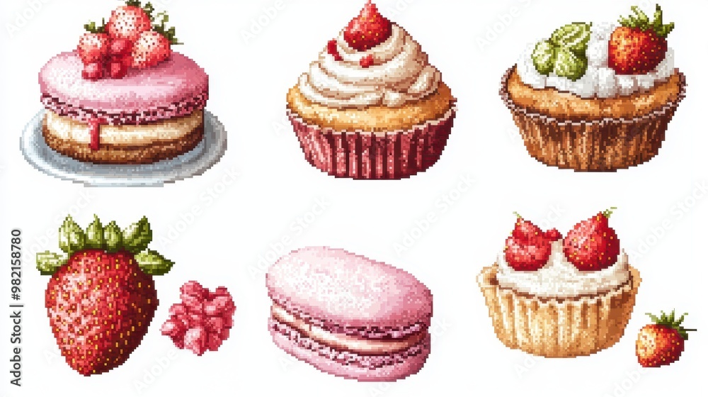 Vector illustration Cross stitch Sweet dessert set with strawberry cake ...